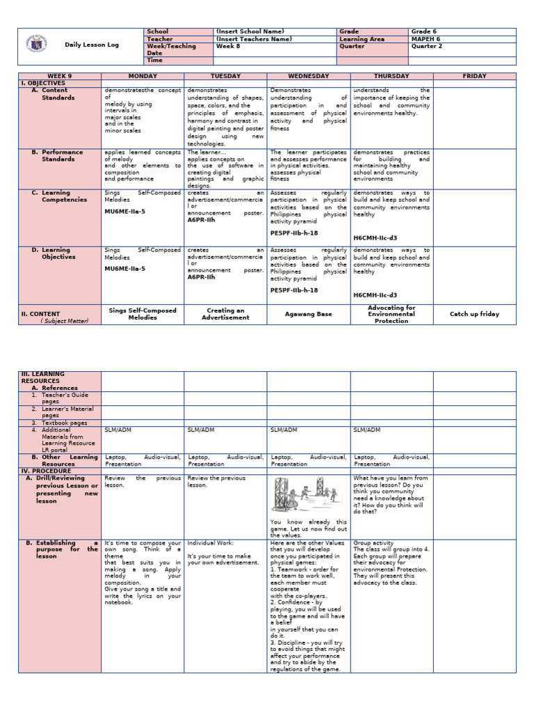 DLL_MAPEH6_W8_Q2 | PDF | Learning | Teachers