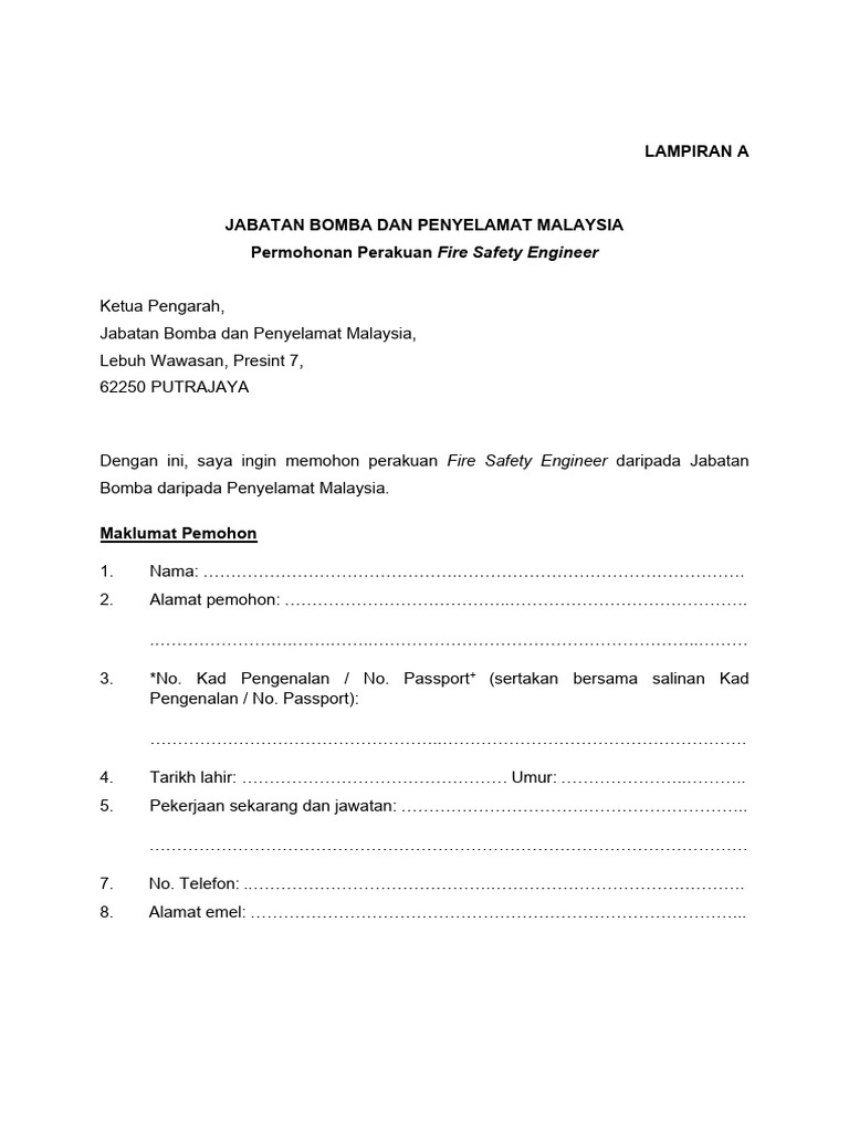 Lampiran A - Jabatan Bomba - Permohonan PErakuan Fire Safety Eng | PDF