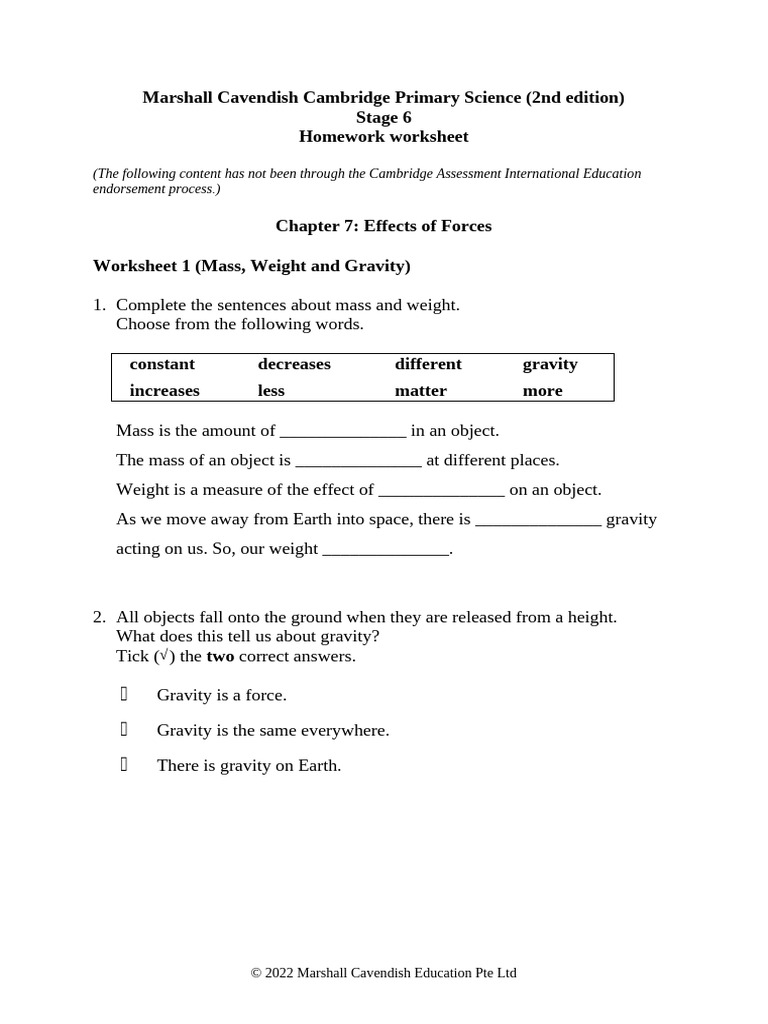 Grade 6 Science: Forces and Motion Worksheets | PDF | Weight | Force