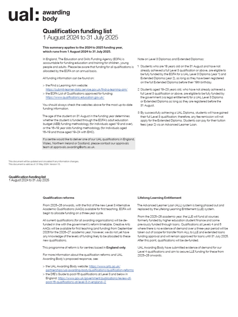 UAL Qualifications Funding Overview 2024-2025 | PDF | Diploma ...