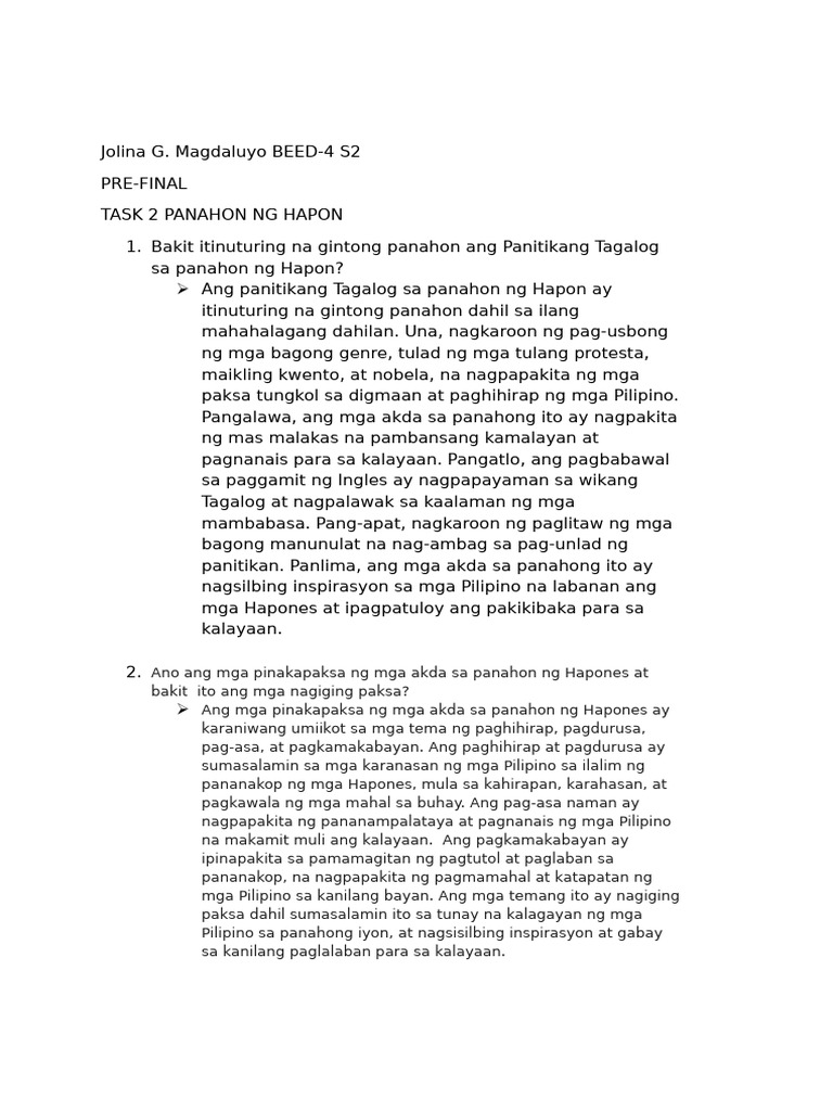Pre Final Task 2 PANAHON NG HAPON | PDF
