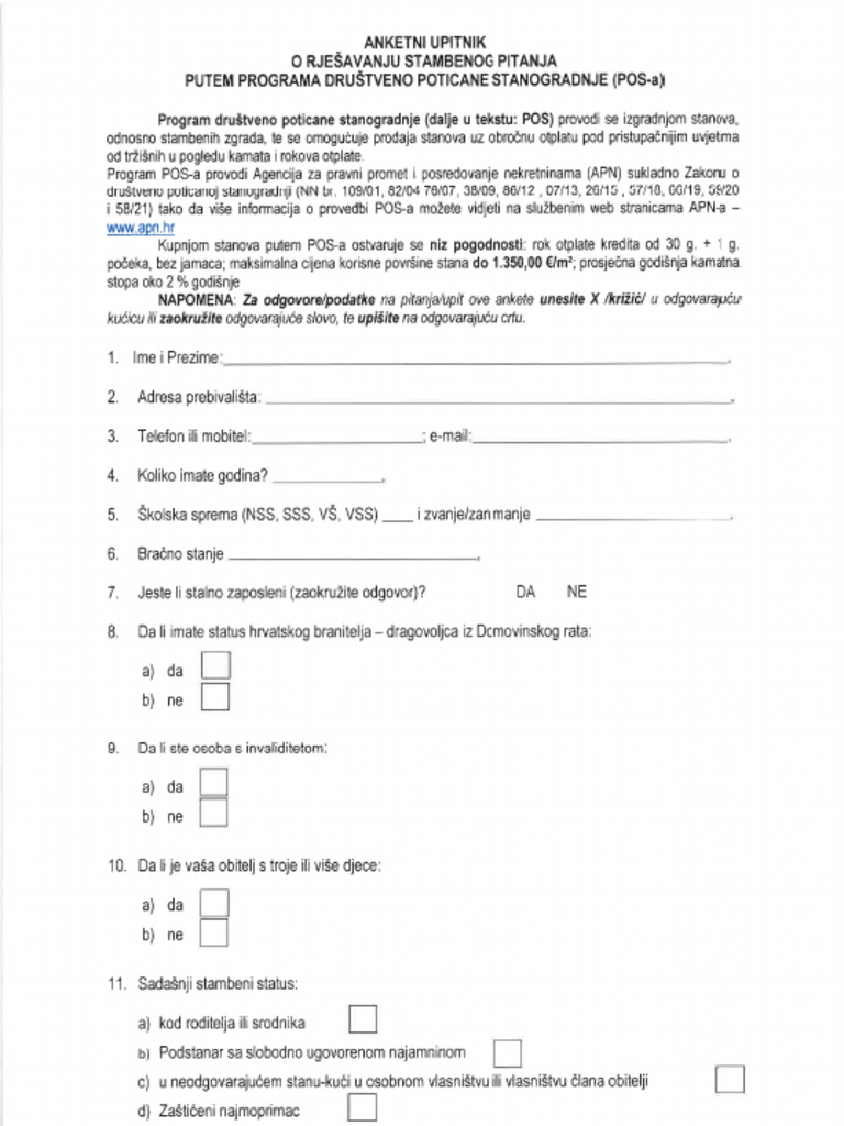 ANKETNI UPITNIK Za Kupnju POS Stana Ogledni Primjerak 1 | PDF