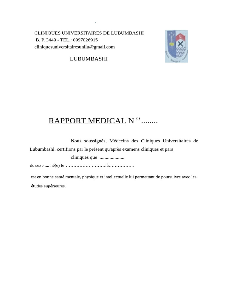 Rapport médical d'un patient - Lubumbashi | PDF