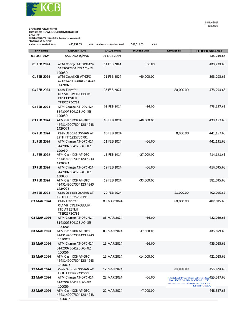KCB Bank Statement - 014817 | PDF | Financial Services | Banking
