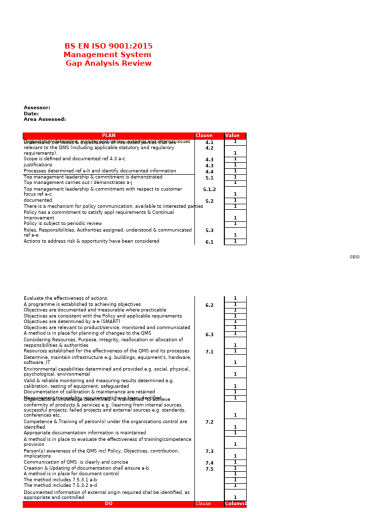 BSI ISO 9001 2015 Gap Analysis Tool CAN | PDF | Audit | Quality Management System