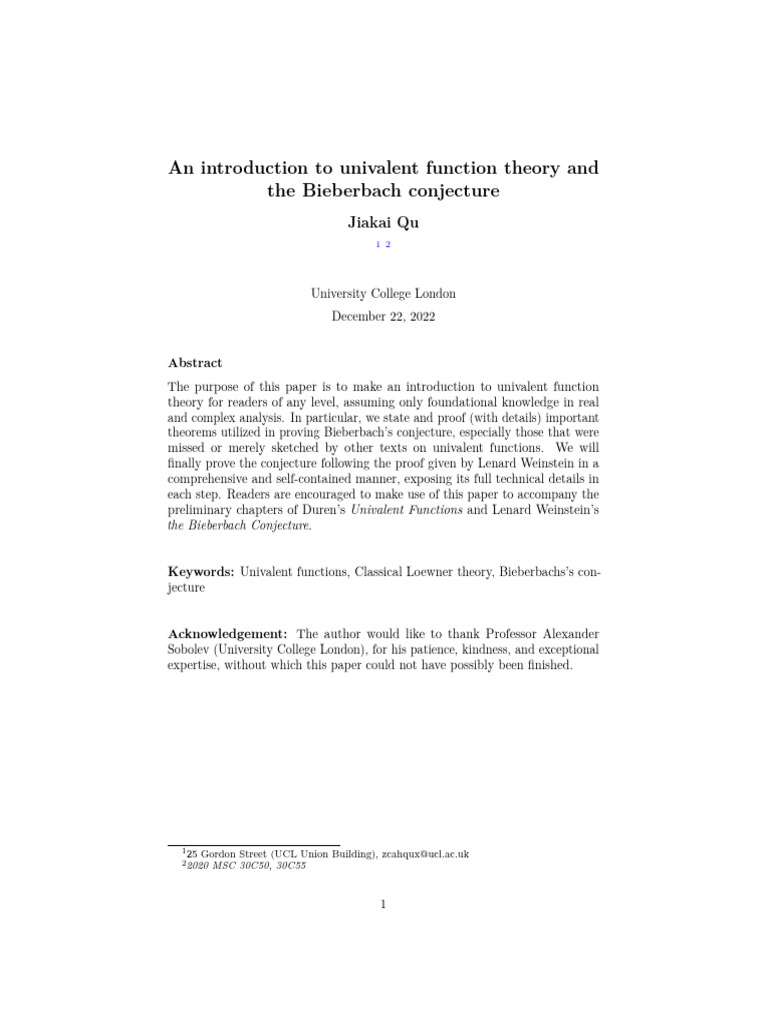 An Introduction To Univalent Function Theory and The Bieberbach Conjecture | PDF | Complex ...