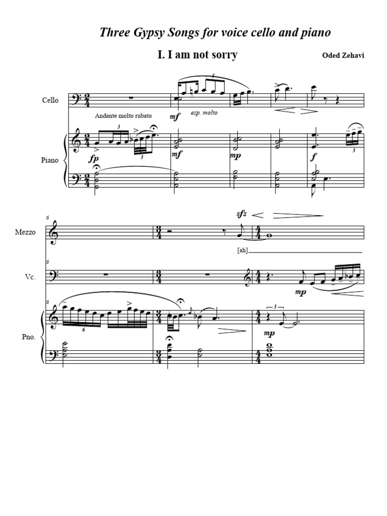 Zehavi, Oded - Three Gypsy Songs For Sopran Cello and Piano For Rona ...