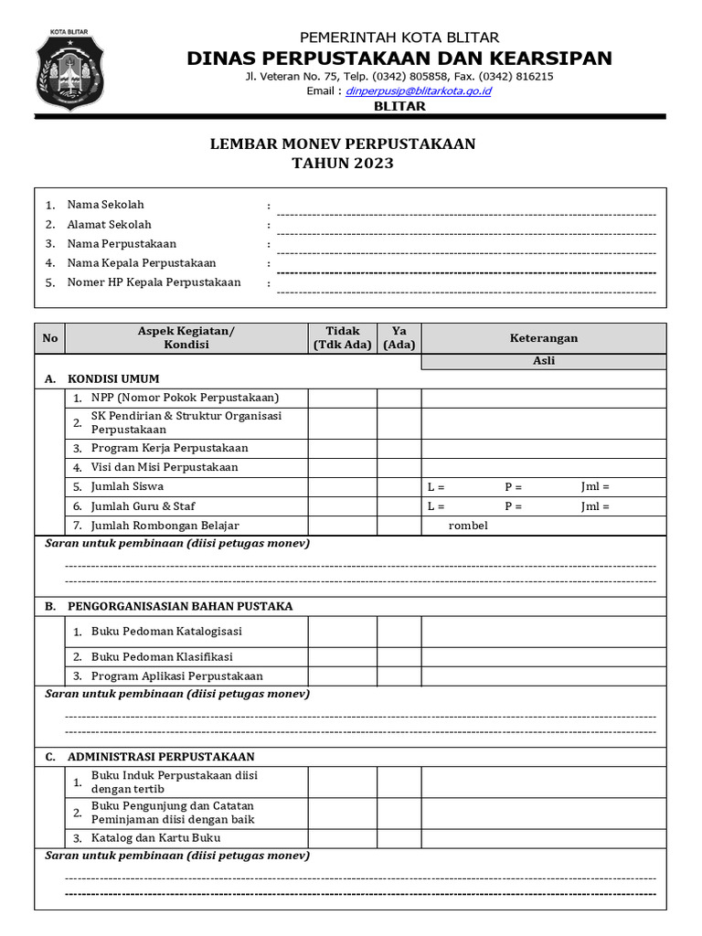 Lampiran Lembar Monev Perpustakaan | PDF