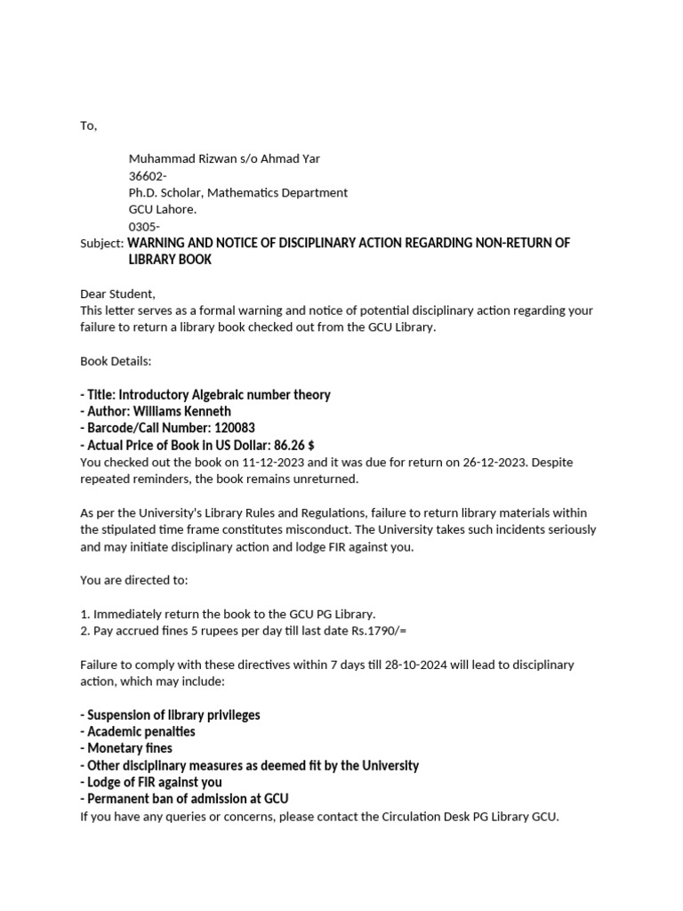 Rizwan Notice GCU of Book Return | PDF
