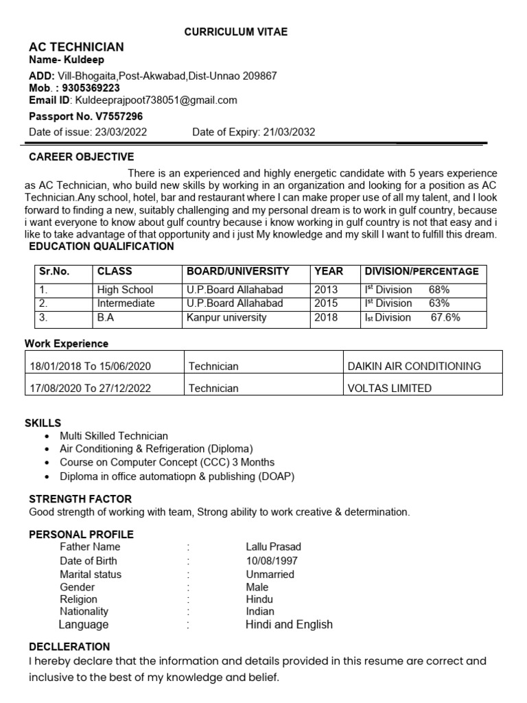 AC Technician Resume of Kuldeep | PDF | Career & Growth | Business