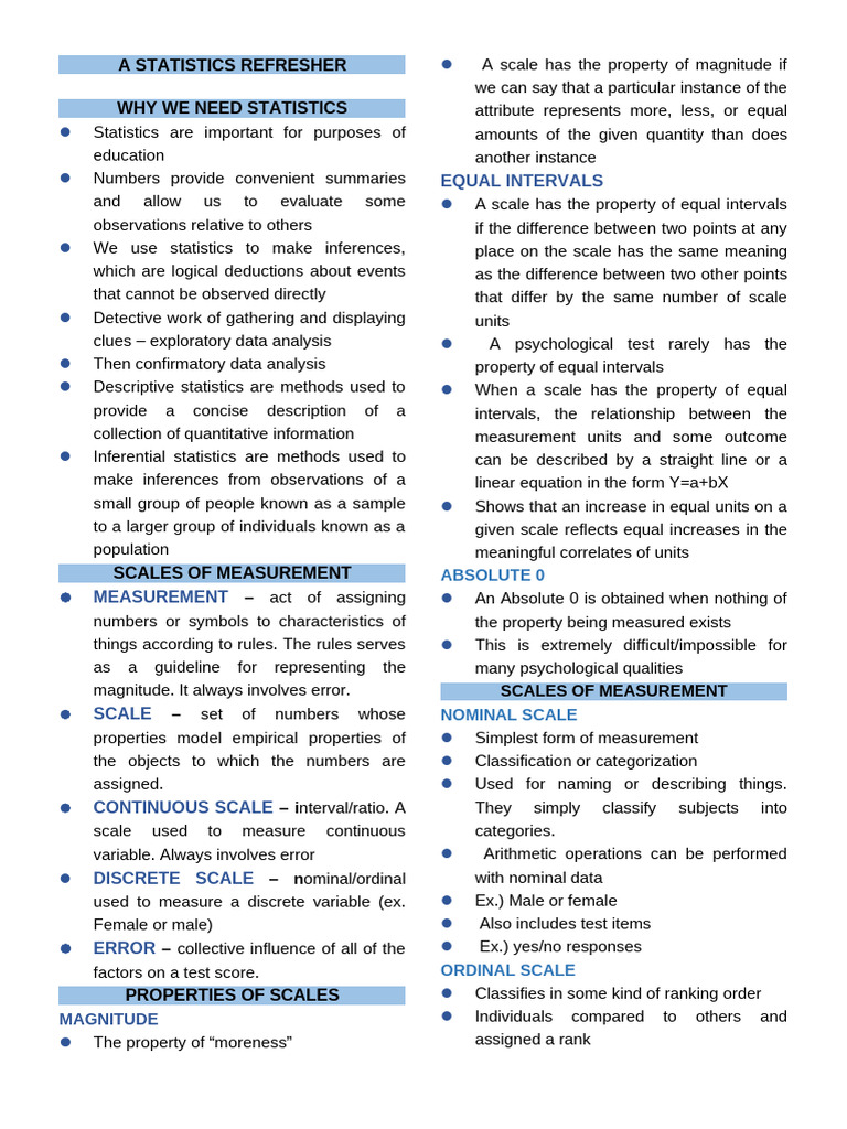 StatisticsRefresher Part1 | PDF | Level Of Measurement | Statistics