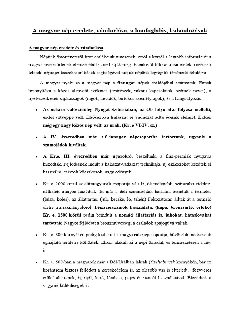 A Magyar Nép Eredete, Vándorlása És A Honfoglalás | PDF