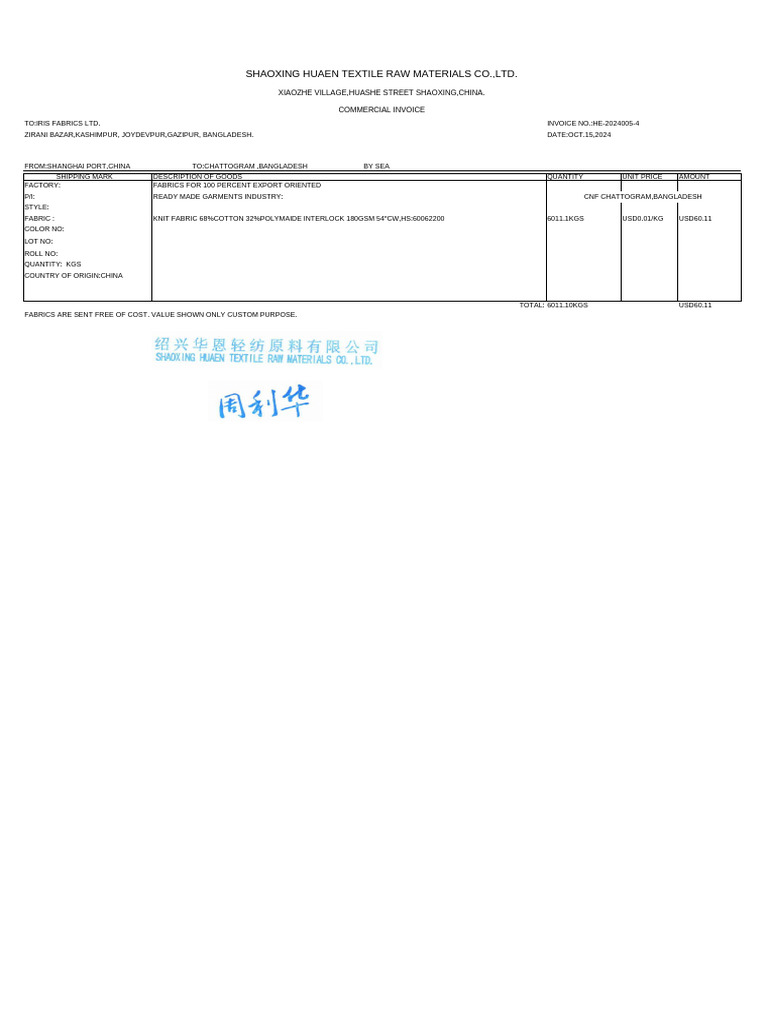 Commercial Invoice for Knit Fabrics | PDF | Textiles | Textile Industry
