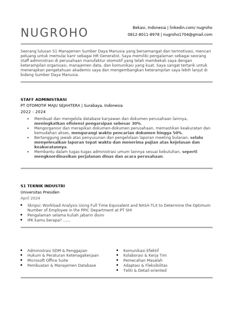 Contoh CV Staff Administrasi HR | PDF