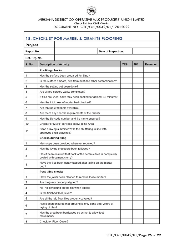 Civil Works Checklist for Contractors | PDF | Tile | Building Engineering
