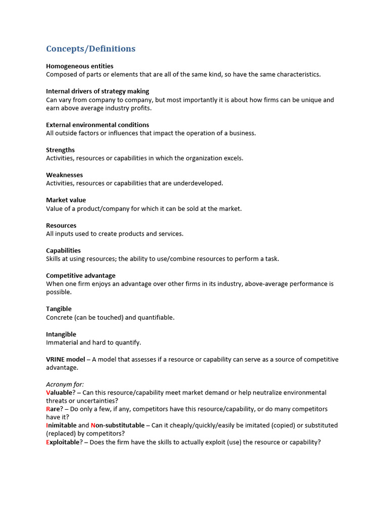 Concepts and Definitions - Resources Capabilities VRINE Model | PDF