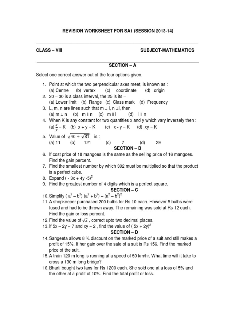 CBSE Class 8 Mathematics Worksheet | PDF