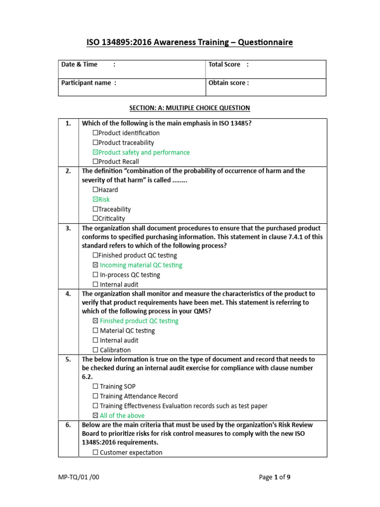 ISO 13485-2016 Questionnaire | PDF | Quality Management System ...
