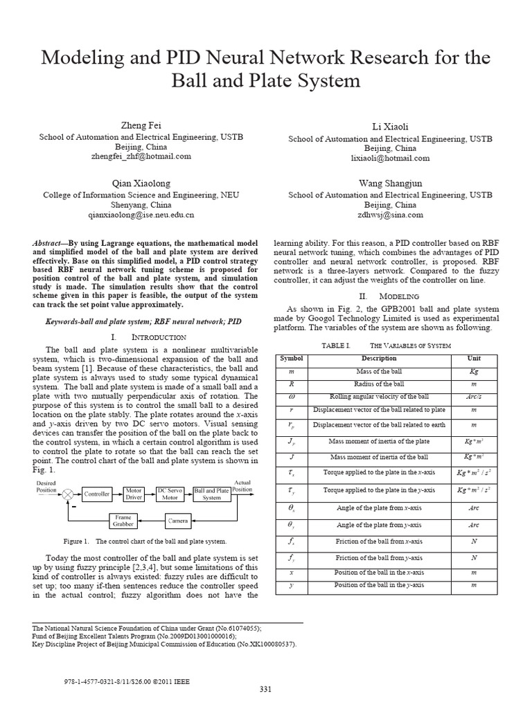 Modeling and PID Neural Network Research For The Ball and Plate System | PDF | Torque | Rotation