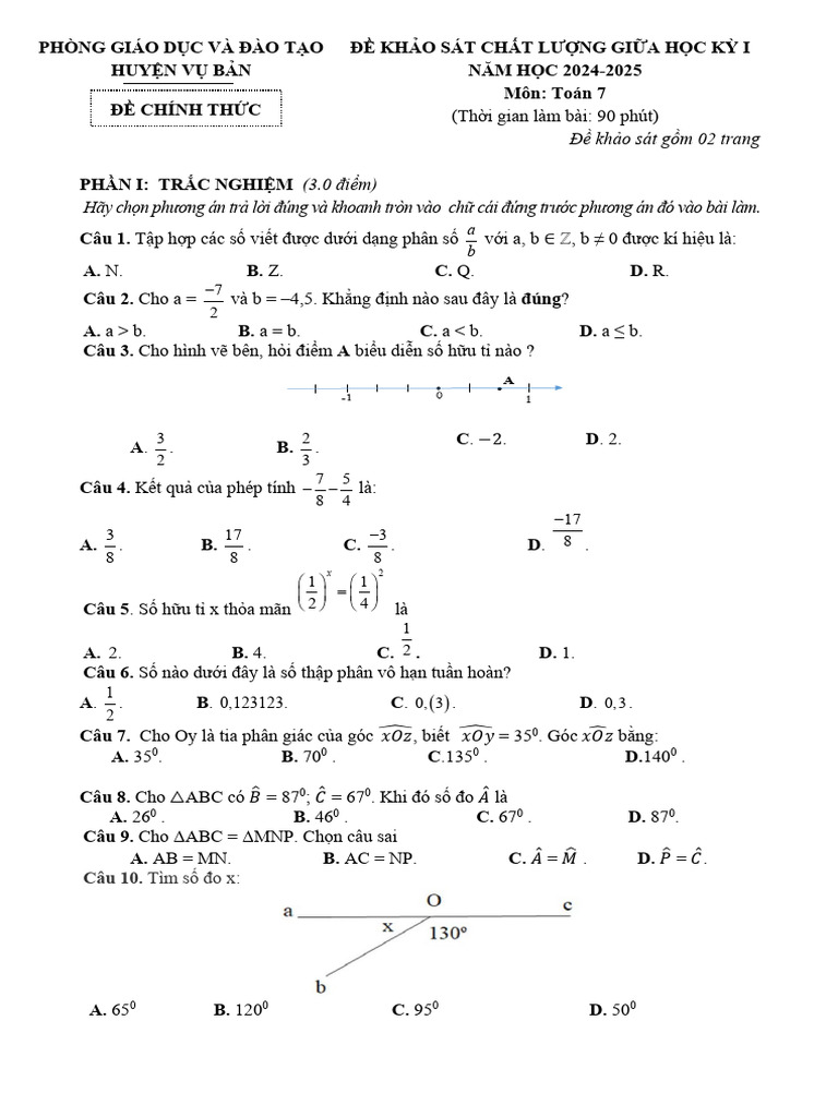 De Giua Ki 1 Toan 7 Nam 2024 2025 Phong GDDT Vu Ban Nam Dinh | PDF