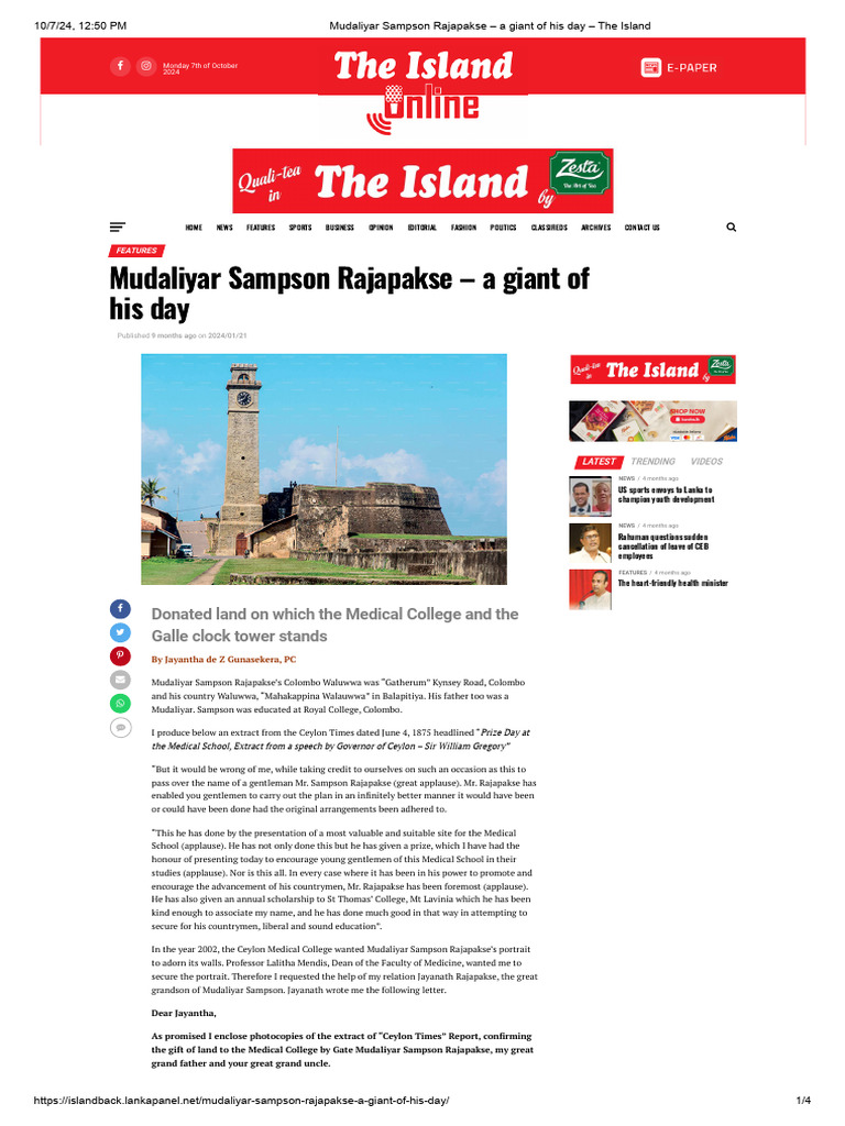 Mudaliyar Sampson Rajapakse - A Giant of His Day - The Island | PDF