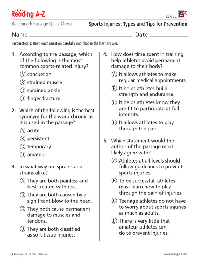 Sports Injuries Benchmark Assessment Passage Comprehension Quiz | PDF ...
