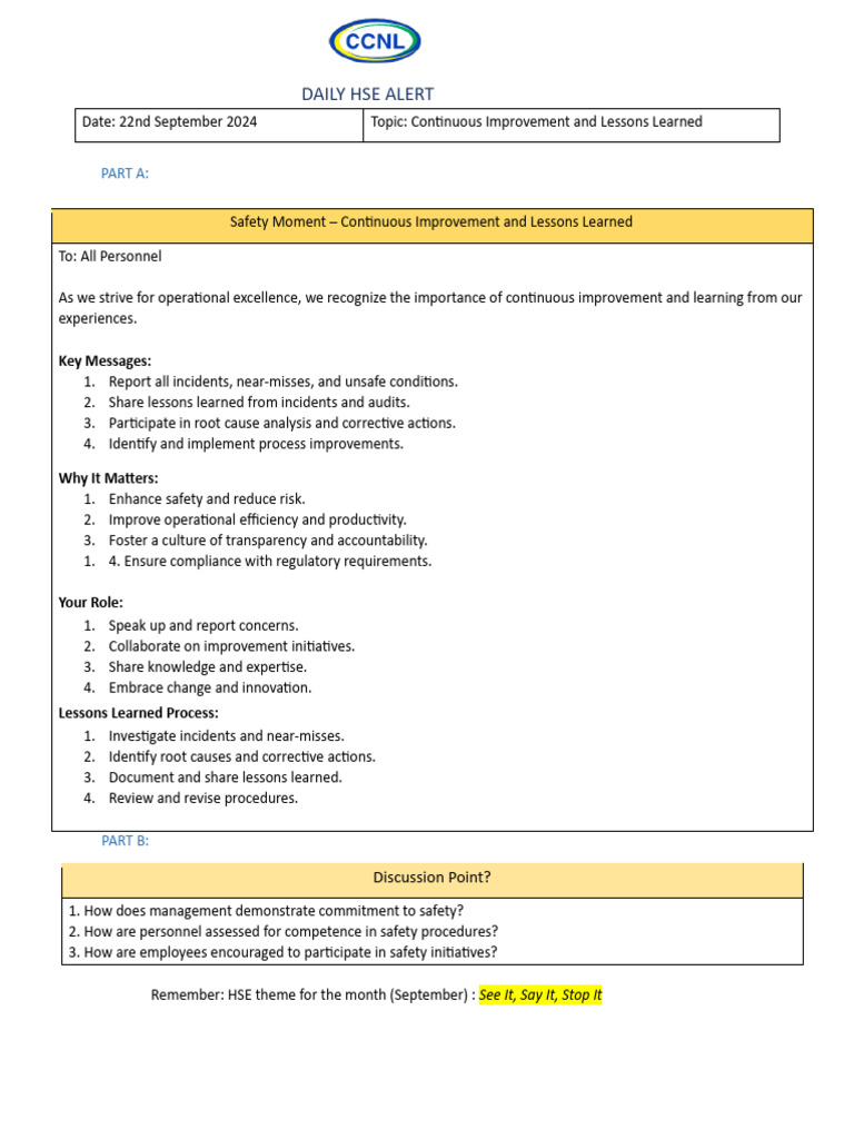Daily HSE Daily Tip - Continuous Improvement and Lessons Learned | PDF