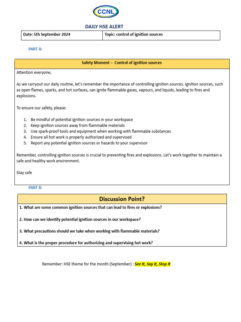 Daily HSE Daily Tip - Control of Ignition Sources | PDF