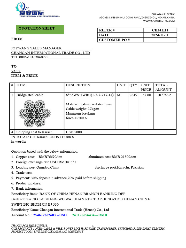 Quotation Sheet Steel Rope | PDF