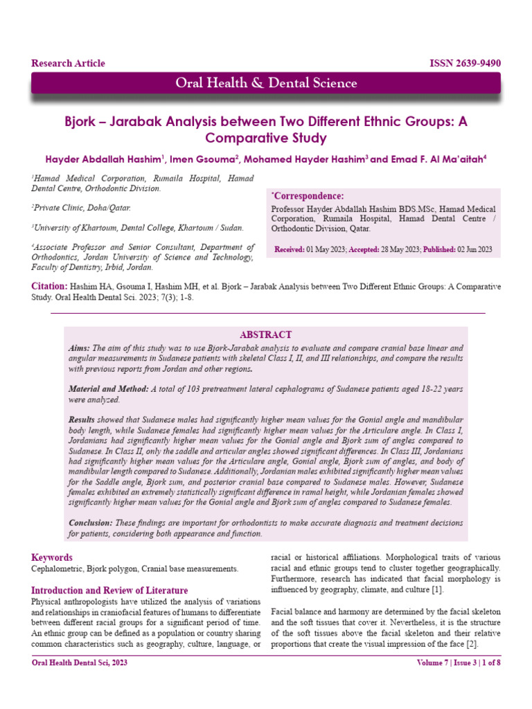 Bjork Jarabak Analysis Between Two Different Ethnic Groups A ...