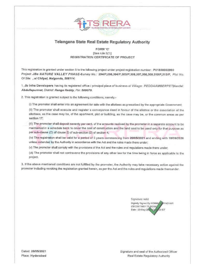Phase 1 To 5 Rera Certificates Nature Valley | PDF