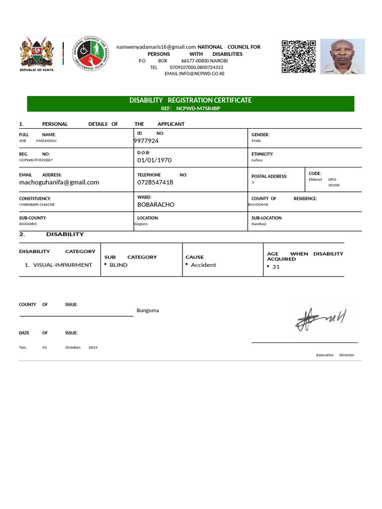 Disability Registration Certificate for Job Machogu | PDF