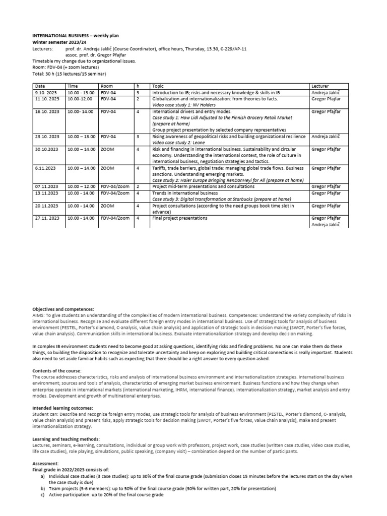 Weekly plan IB 2023-2024 (2) | PDF | Risk | Internationalization