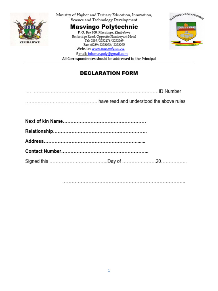Masvingo Polytechnic Declaration Form | PDF