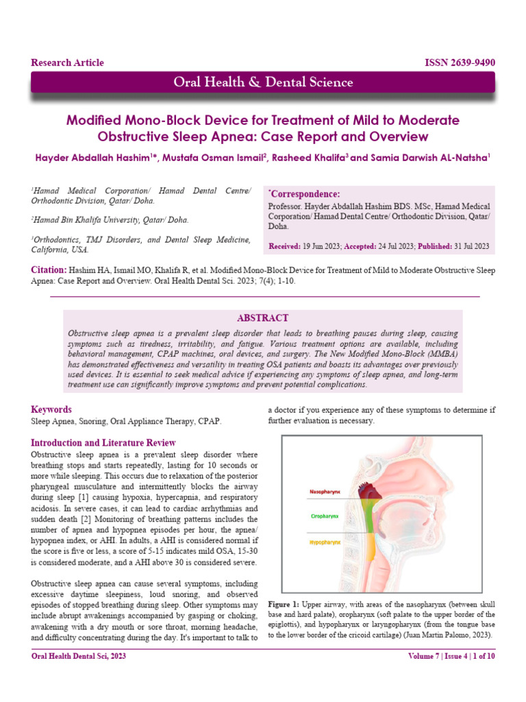 Modified Monoblock Device For Treatment of Mild To Moderate Obstructive Sleep Apnea Case Report ...