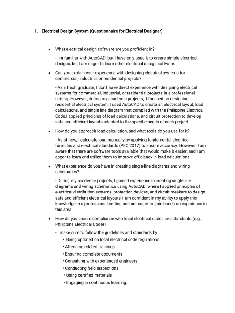Electrical Designer Questionnaire (Alvin Baeza) | PDF | Electrical ...