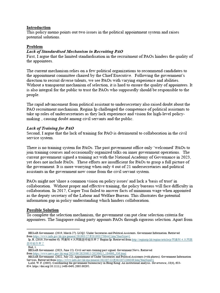 POLI3035 Case Memo Sample 2 | PDF | Hong Kong | Government