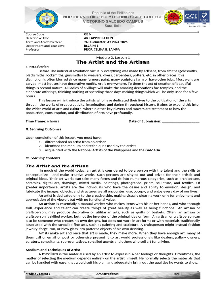 GE-6-Module-2-L1 | PDF | Oil Painting | Visual Arts