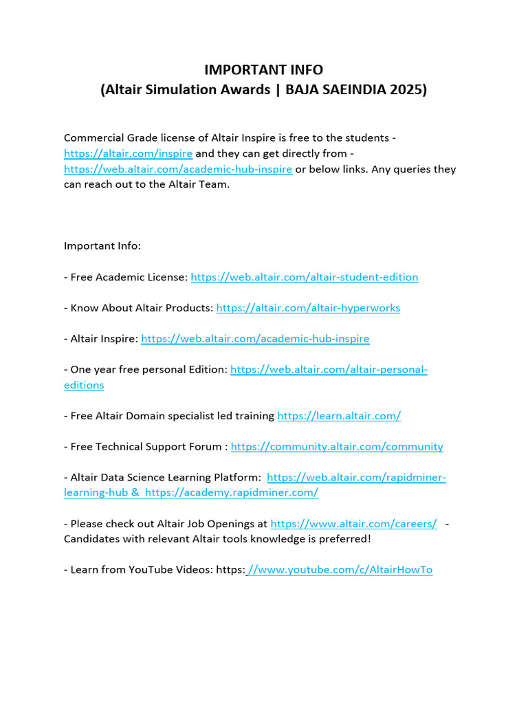 Important Info (Altair Simulation Awards-BAJA SAEINDIA 2025) | PDF