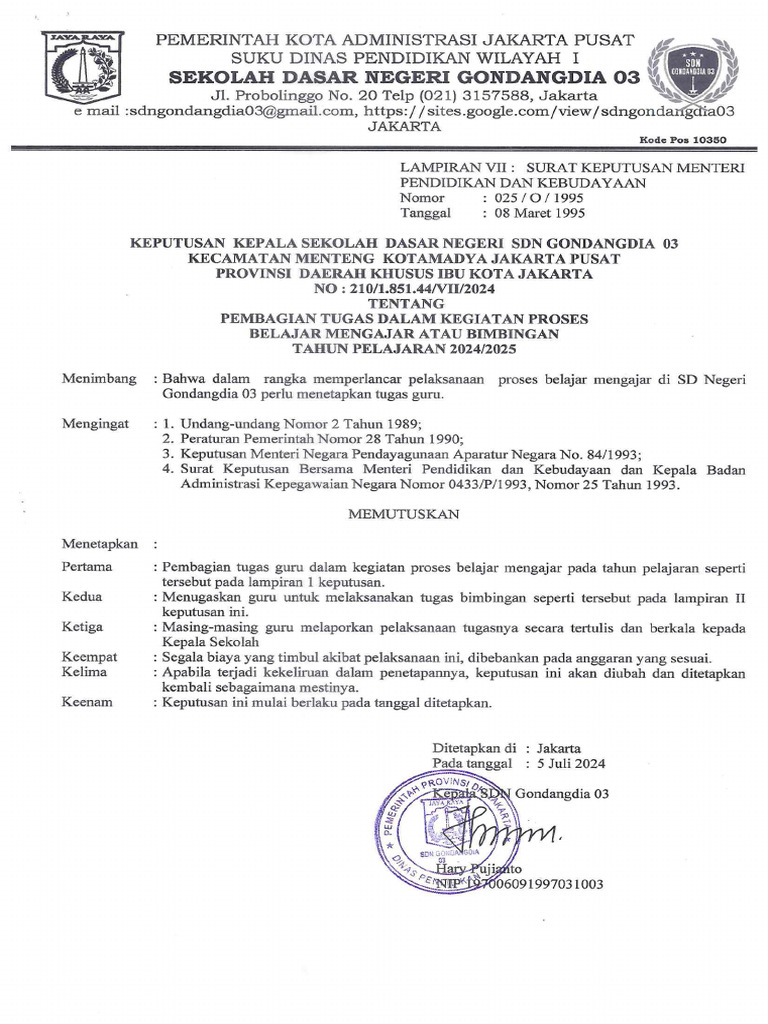 SK Pembagian Tugas Tahun Pelajaran 2024-2025 | PDF