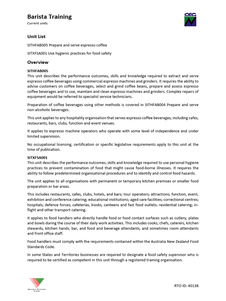 315 TP REF.01 Course Outline Barista Training | PDF | Coffee | Food Safety