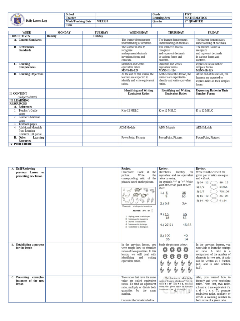 DLL Week 8 Math | PDF | Ratio | Mathematics