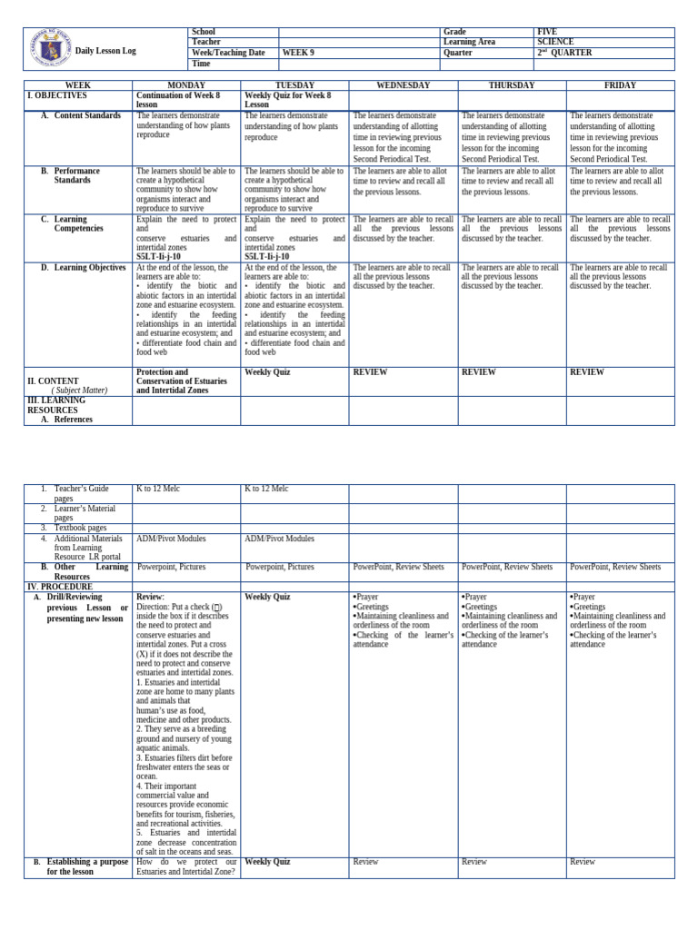 Dll Week 9 Science | PDF | Coast | Estuary
