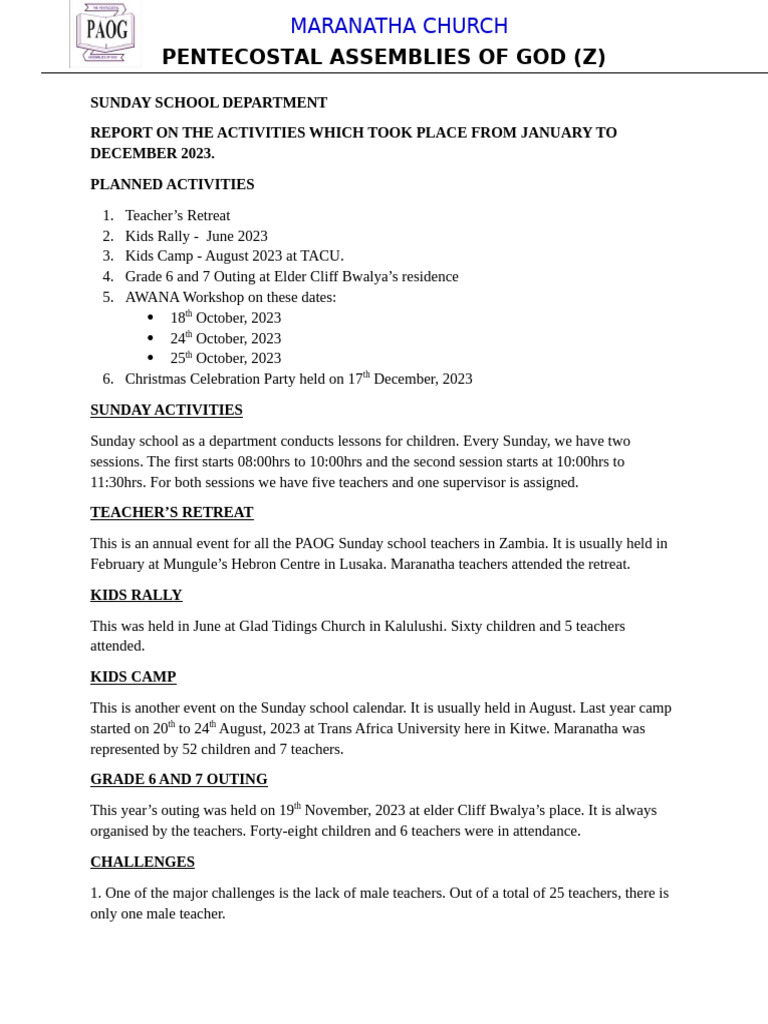 Sunday School Report 24 | PDF | Career & Growth | Wellness