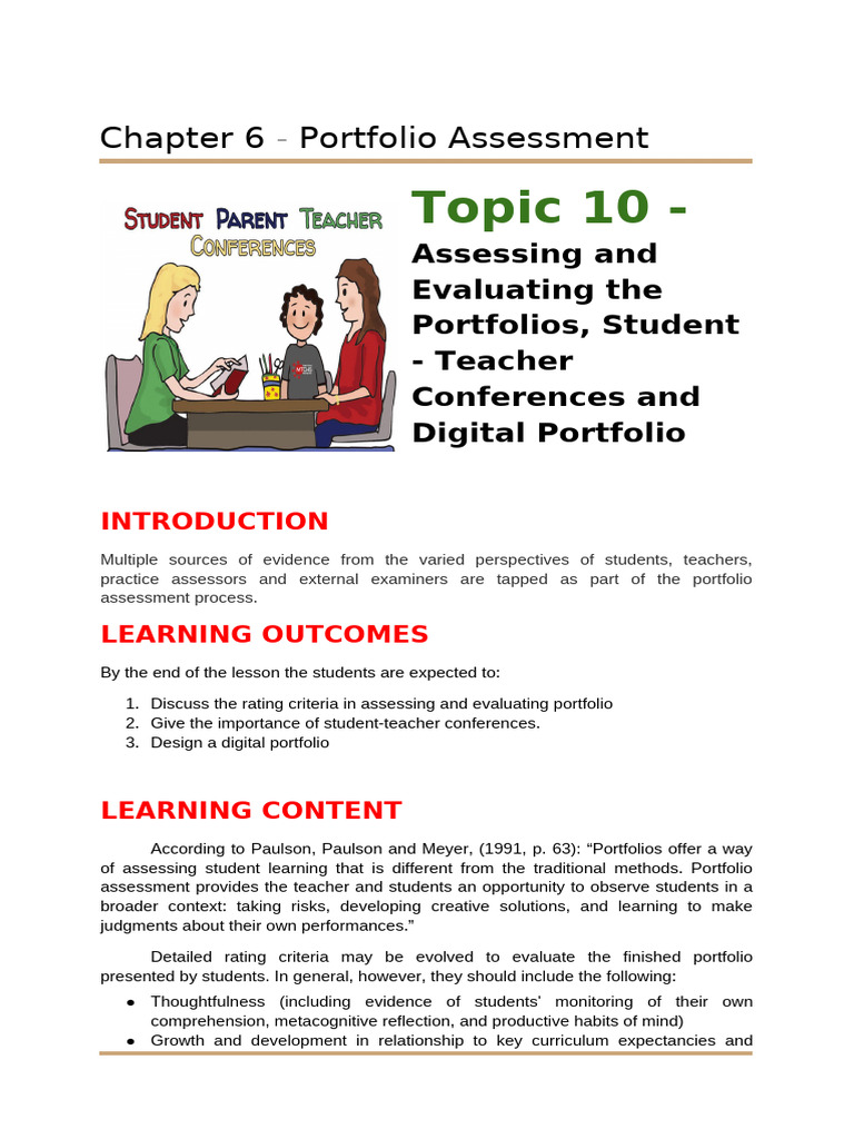 Chapter 6 - Topic 10 - Assessing and Evaluating The Portfolios, Student - Teacher Conferences ...