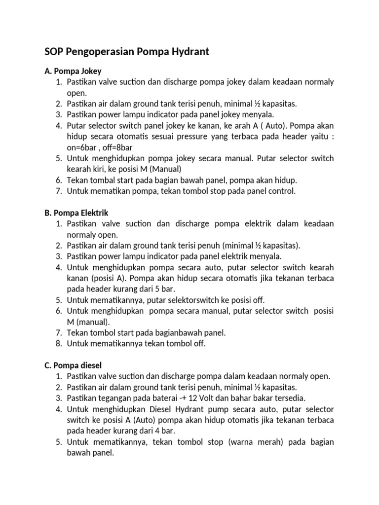 SOP Penggunaan Pompa Hydrant | PDF | Memasak, Makanan, & Anggur | Sains ...