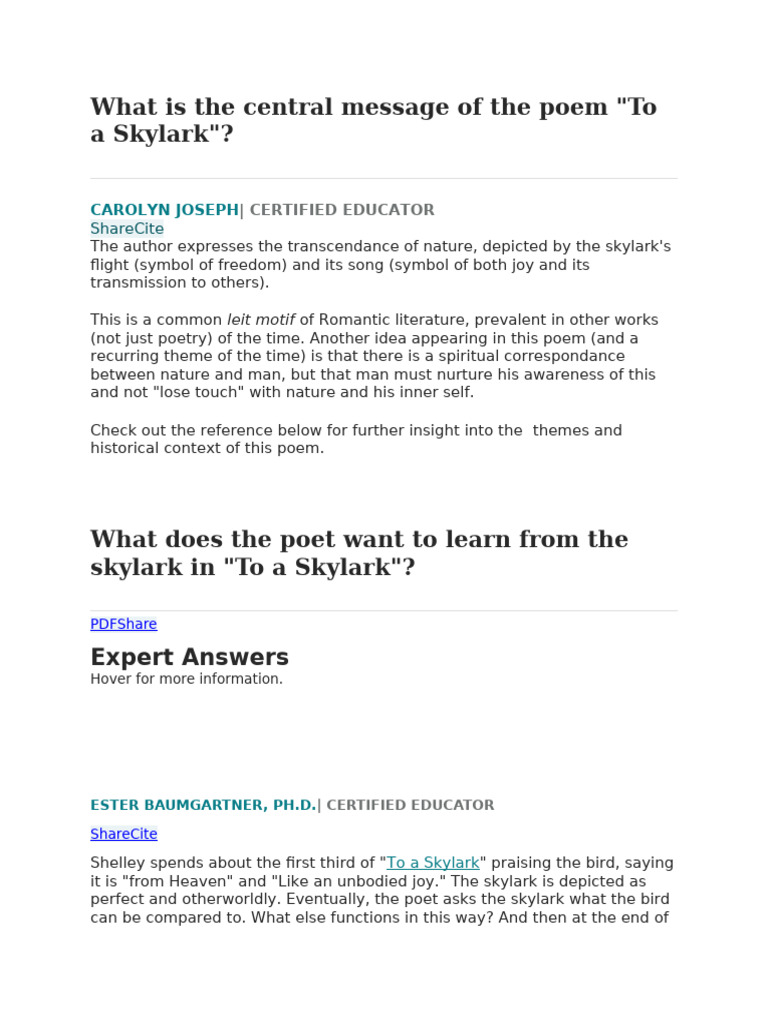 Ode To A Skylark | PDF | Poetry