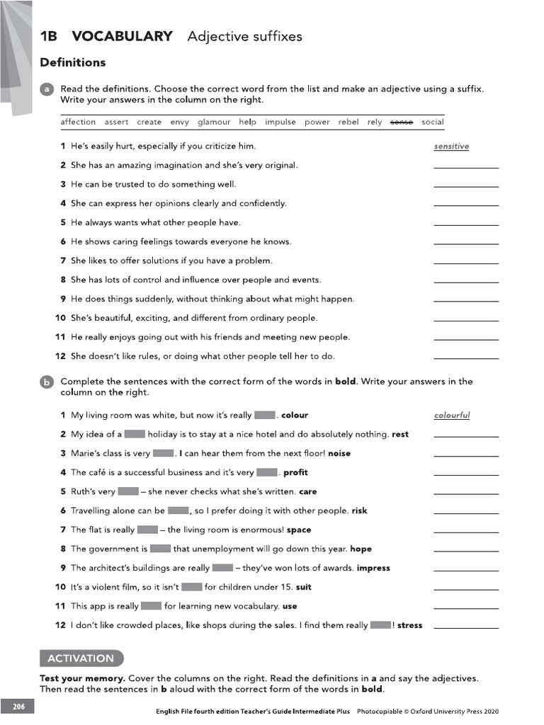 1B Vocabulary Adjective Suffixes | PDF