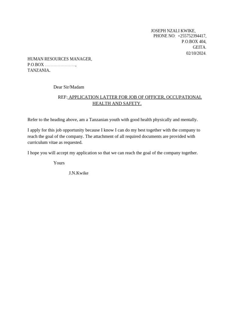 Job Application for Occupational Health Officer | PDF