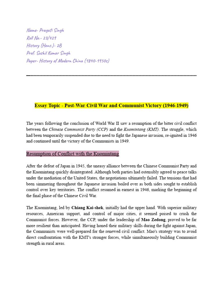 China Assignment | PDF | Chinese Civil War | Mao Zedong